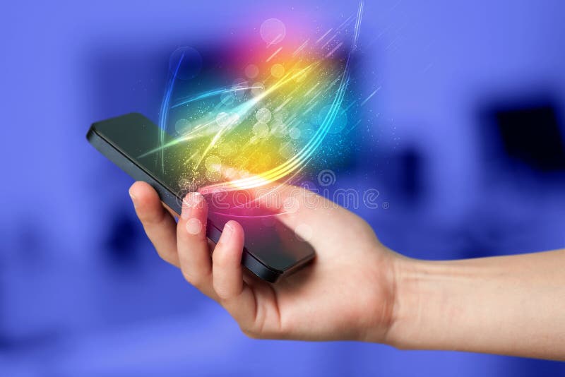 Hand Holding Smart Phone with Abstract Glowing Lines Stock Photo ...