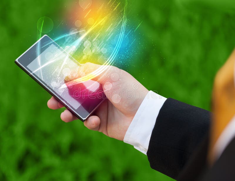 Hand Holding Smart Phone with Abstract Glowing Lines Stock Image ...