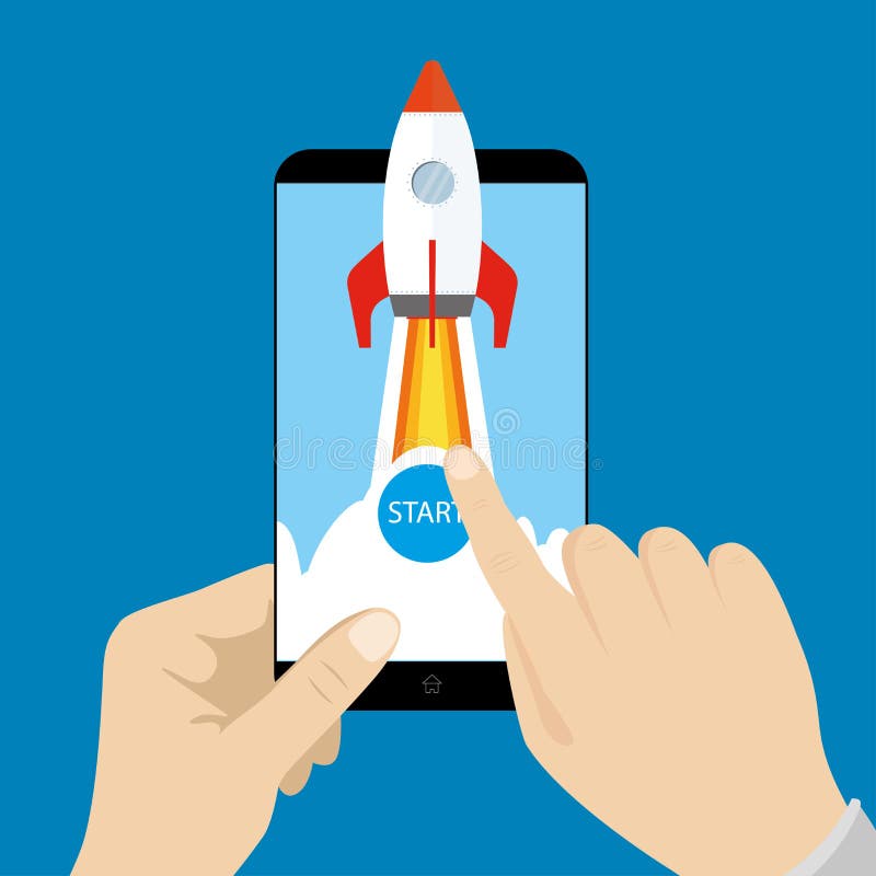 Hand Holding Smart Phone- Application with Spaceship or Rocket O Stock ...