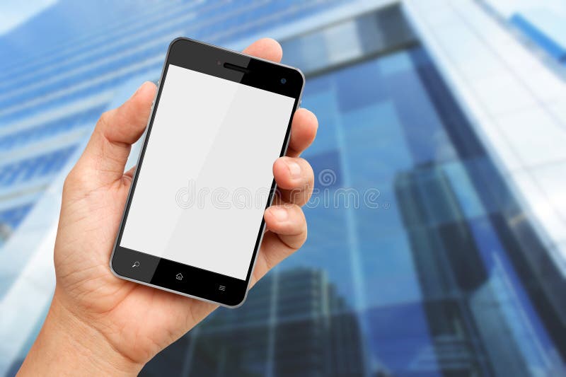 Hand Holding Smart Phone with Building Background Stock Photo - Image ...