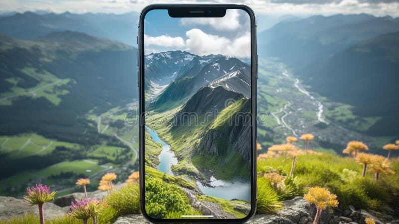 Hand Holding Smart Phone Captures Mountain Beauty Stock Image - Image ...