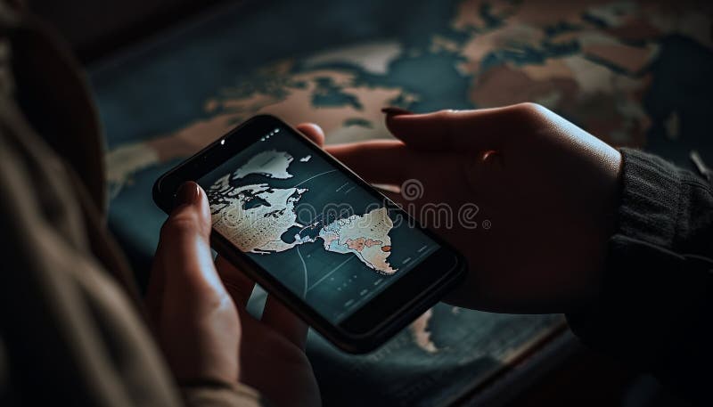 Hand Holding Smart Phone, Exploring Global Communications Generated by ...