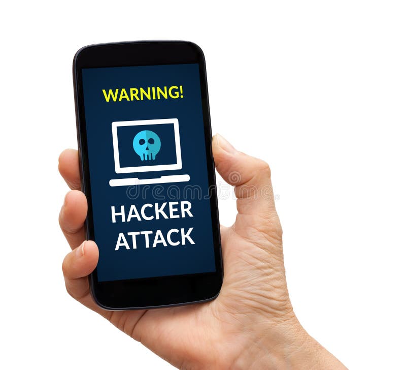 Hand Holding Smart Phone with Hacker Attack Concept on Screen Stock ...