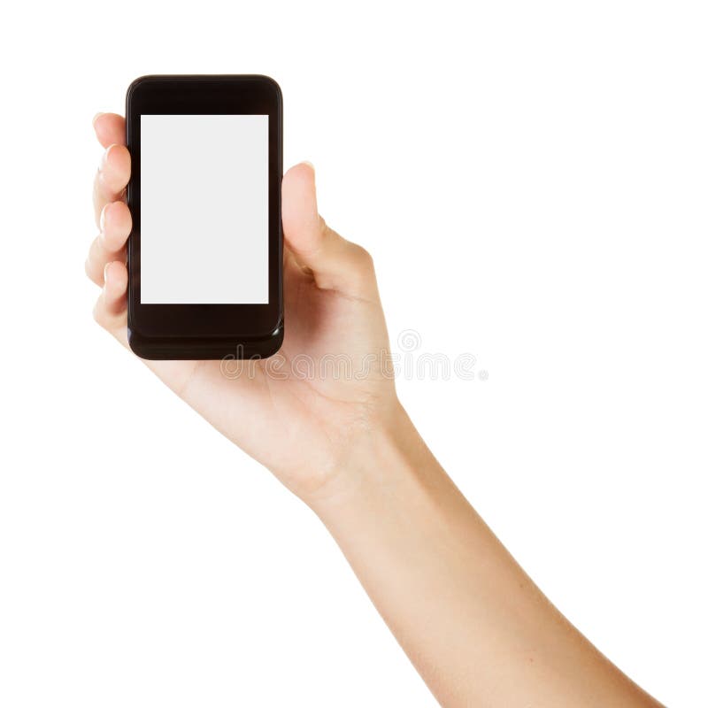 Hand Holding Smart Phone Isolated on White Stock Image - Image of ...