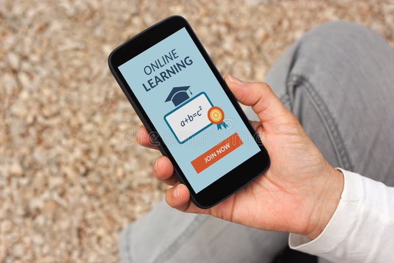 Hand Holding Smart Phone with Online Learning Concept on Screen Stock ...