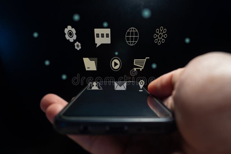 Hand Holding a Smart Phone with Virtual Digital Icon Stock Photo ...
