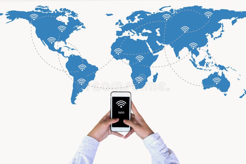 Hand Holding Smart Phone on World Map Network and Wireless ...