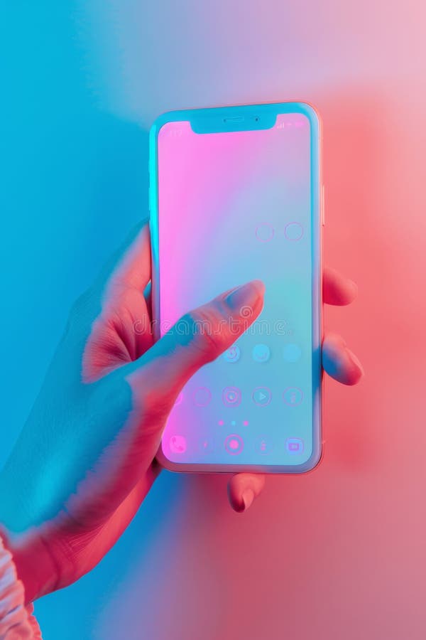 A Hand Holding a Smartphone Against a Vibrant Blue and Pink Gradient ...
