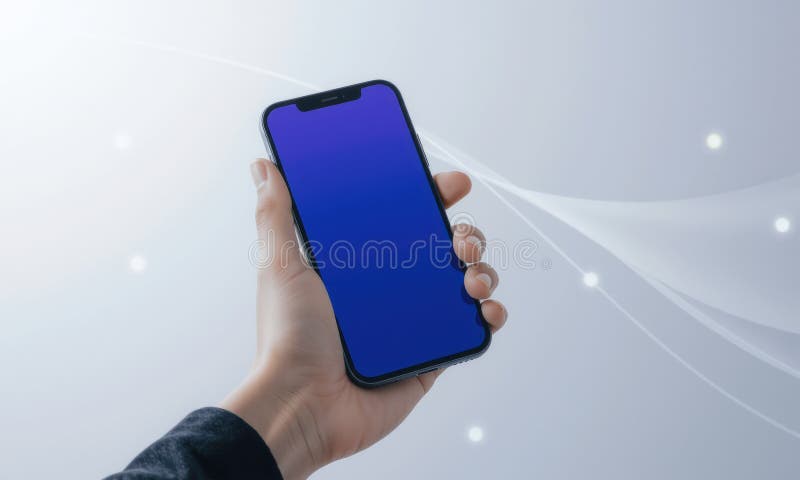 Hand Holding Smartphone with Blank Blue Screen, Set Against Soft ...