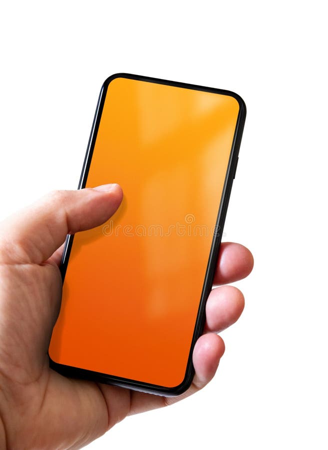 Hand Holding a Smartphone with Blank Orange Screen. Isolated on White ...