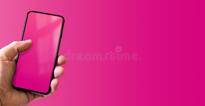 Hand Holding a Smartphone with Blank Pink Screen. Colorful Horizontal ...