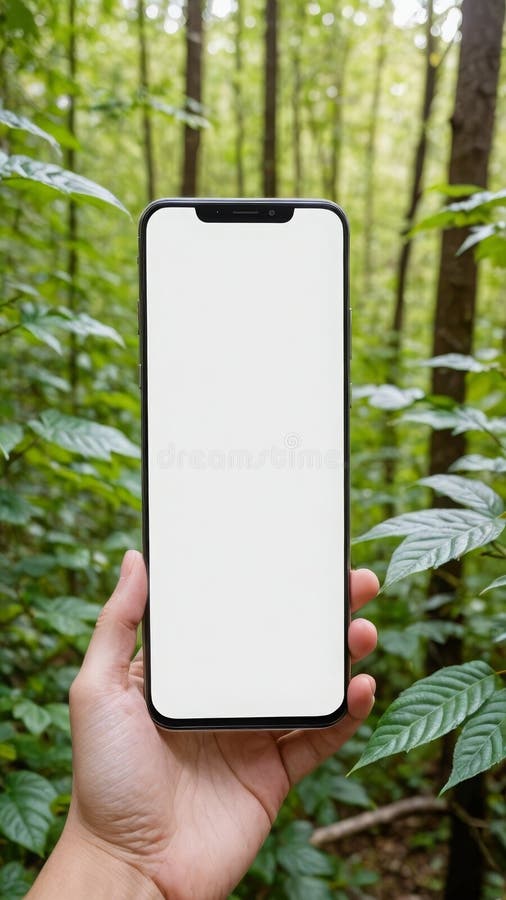 Hand Holding Smartphone with Blank Screen in Forest Stock Photo - Image ...
