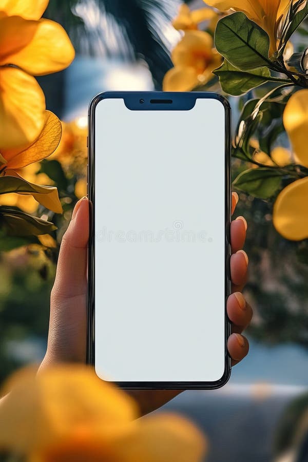Hand Holding Smartphone with Blank Screen, Tropical Flowers Background, Summer Technology ...