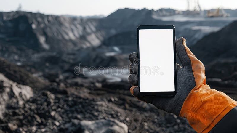 Hand Holding Smartphone with Blank White Screen. Background Coal Mining ...