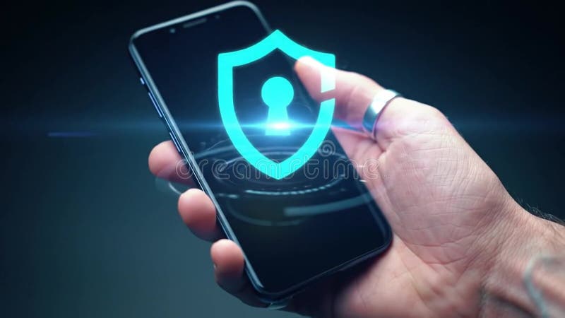 Hand Holding Smartphone with Blue Security Shield and Keyhole Icon on ...