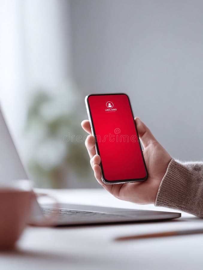 Hand Holding Smartphone with Bright Red Screen, Mockup App Interface ...