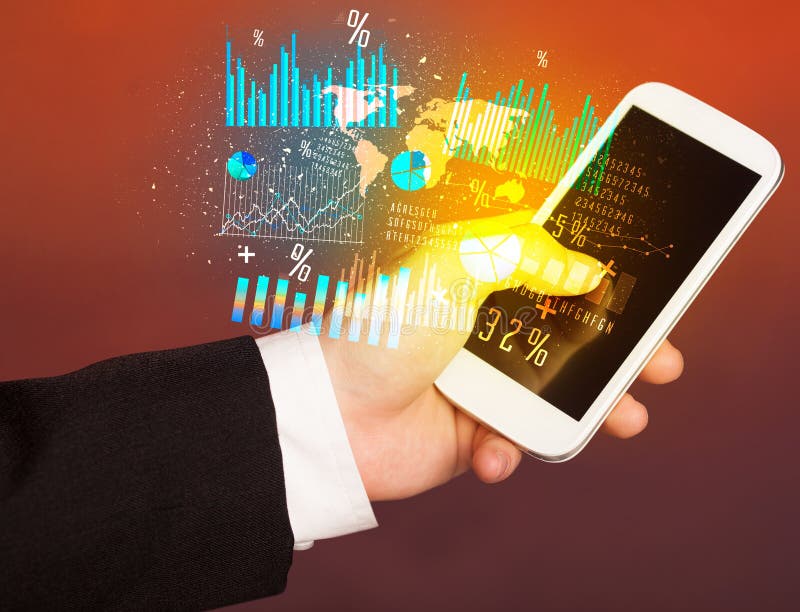 Hand Holding Smartphone with Business Diagrams Stock Image - Image of ...