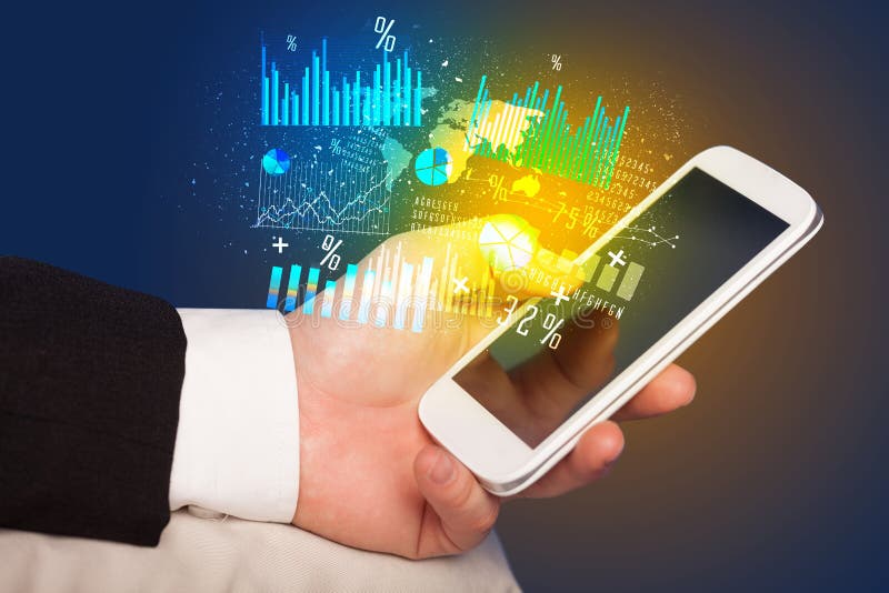 Hand Holding Smartphone with Business Diagrams Stock Photo - Image of ...