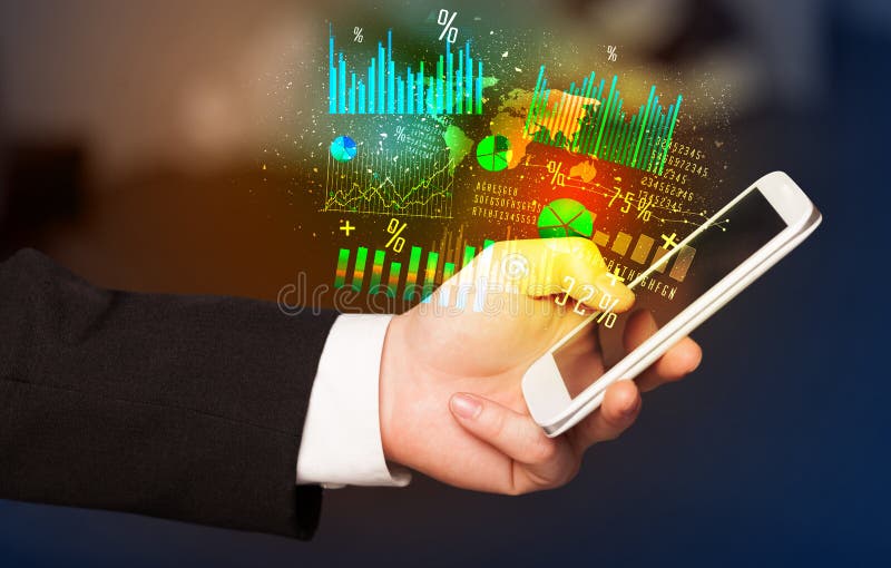 Hand Holding Smartphone with Business Diagrams Stock Image - Image of ...