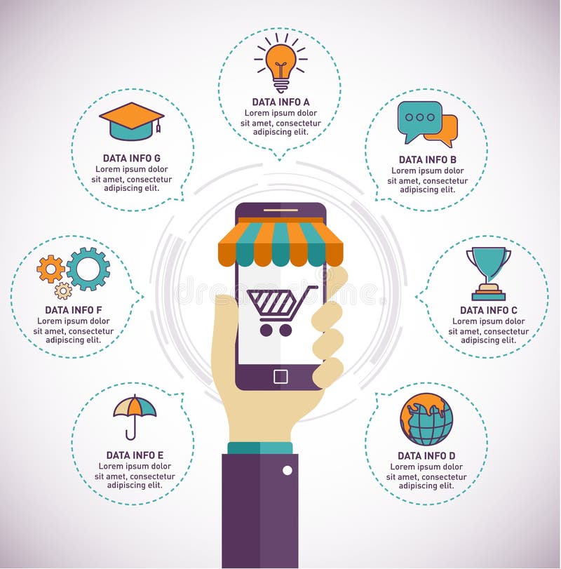 Hand Holding Smartphone with Business Infographic, Flat Design Style ...