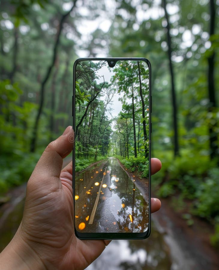 Hand Holding Smartphone Capturing Forest Path with Puddles on a Rainy ...