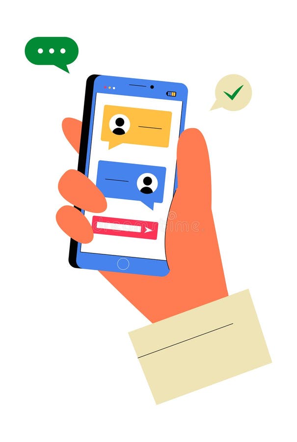 Hand Holding Smartphone with Chat Messages in Flat Vector Illustration ...