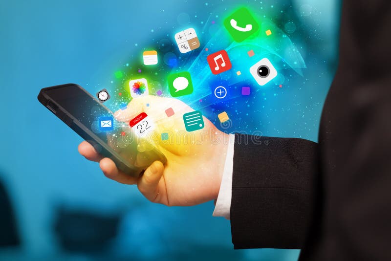 Hand Holding Smartphone with Colorful App Icons Stock Photo - Image of ...