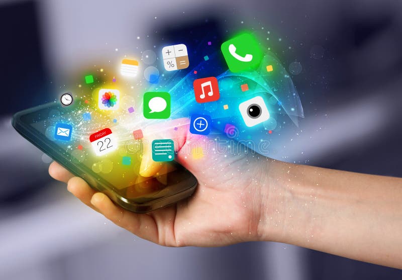 Hand Holding Smartphone with Colorful App Icons Stock Image - Image of ...