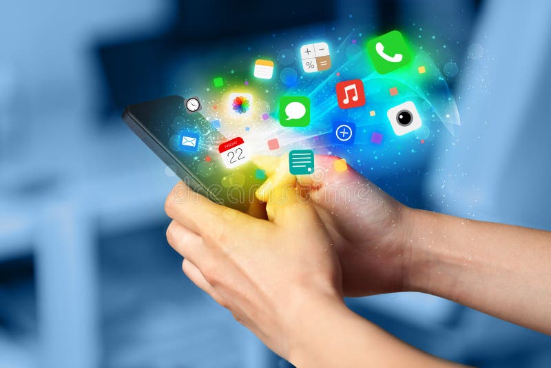 Hand Holding Smartphone with Colorful App Icons Stock Image - Image of ...