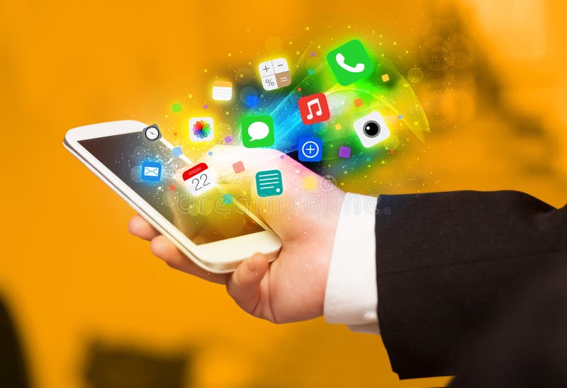 Hand Holding Smartphone with Colorful App Icons Stock Photo - Image of ...