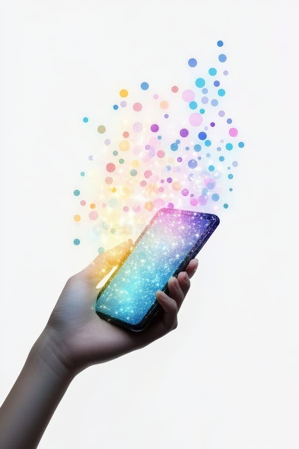 Hand Holding a Smartphone with Colorful Pixelated Particles Exploding ...