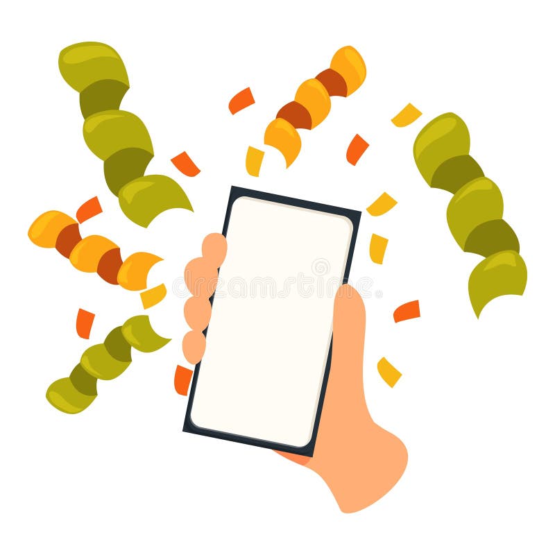 Hand Holding Smartphone with Confetti Exploding from Screen Stock ...