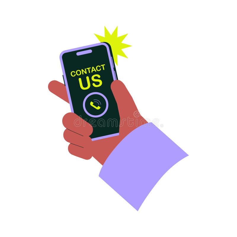 Hand Holding Smartphone with Contact Us Button in Flat Vector ...