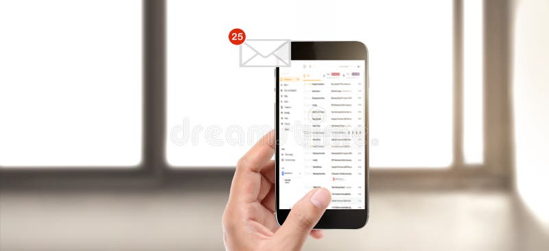 Hand Holding Smartphone Device and Touching Screen, Email App Stock ...