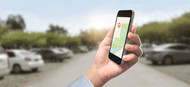 Hand Holding Smartphone Device Touching Screen and Gps Map Stock Photo ...