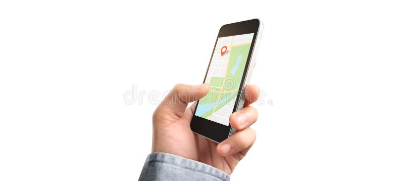 Hand Holding Smartphone Device Touching Screen and Gps Map Stock Photo ...