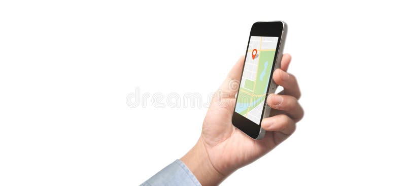 Hand Holding Smartphone Device Touching Screen and Gps Map Stock Photo ...