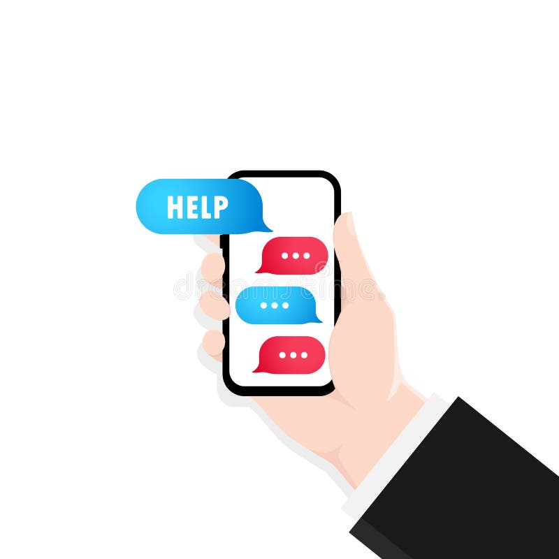 Hand Holding Smartphone with Dialog Window Illustration. Help Message ...