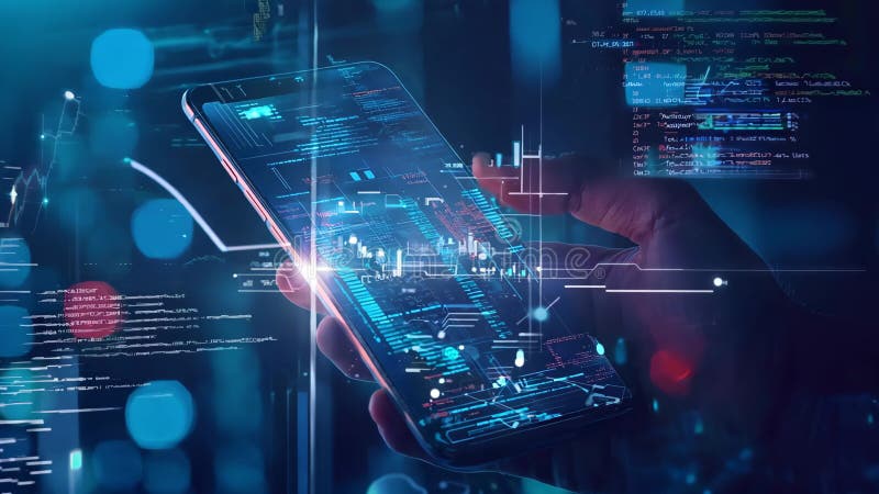 Hand Holding Smartphone with Digital Data and Charts on Screen Stock ...