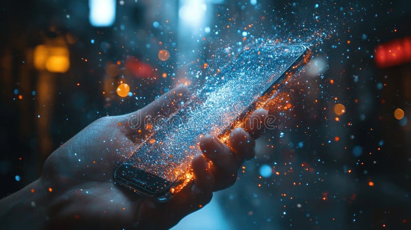 A Hand Holding a Smartphone with a Digital Explosion of Particles ...