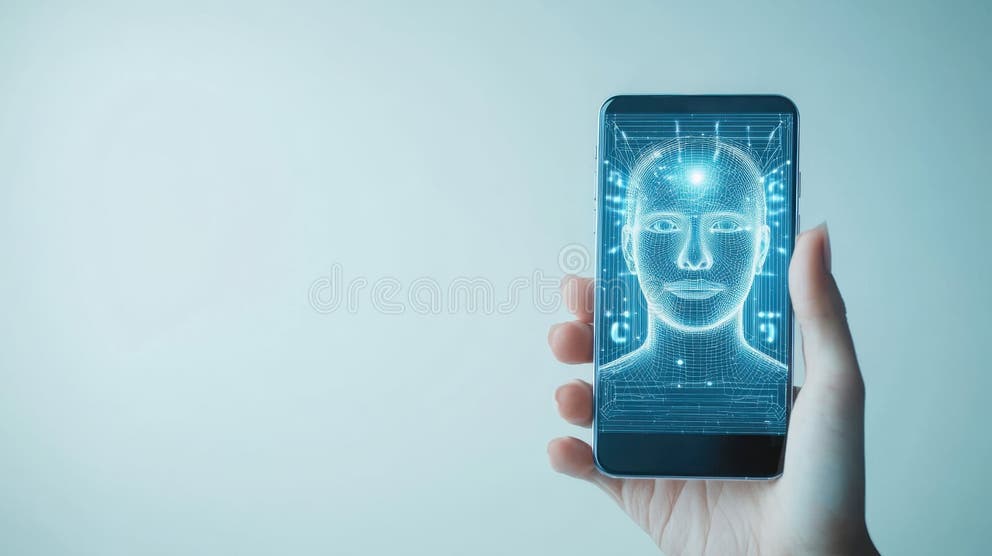 Hand Holding Smartphone with Digital Face Scan Interface on Screen. 2fa ...