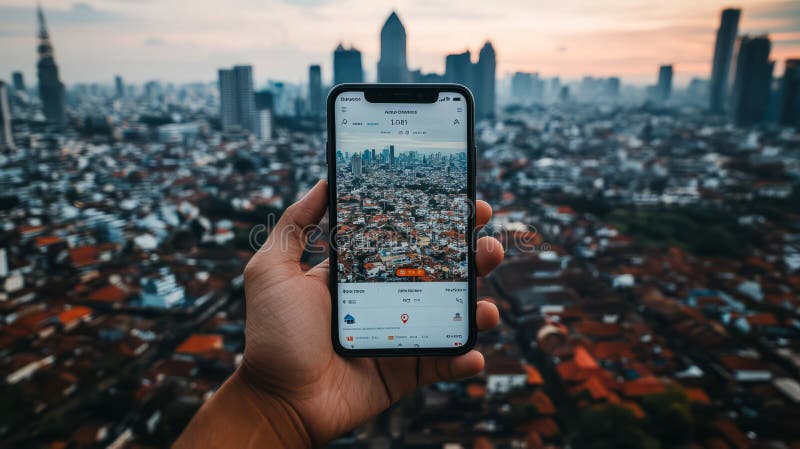 Hand Holding Smartphone Displaying City View with Buildings Stock ...
