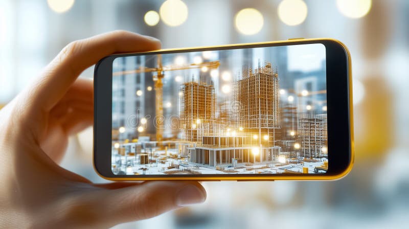 Hand Holding Smartphone Displaying Construction Site with Cranes and ...