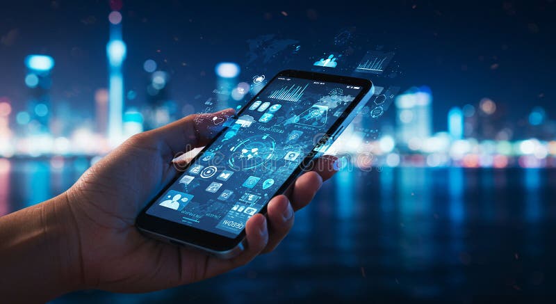 A Hand is Holding a Smartphone Displaying Digital Icons and Graphs ...