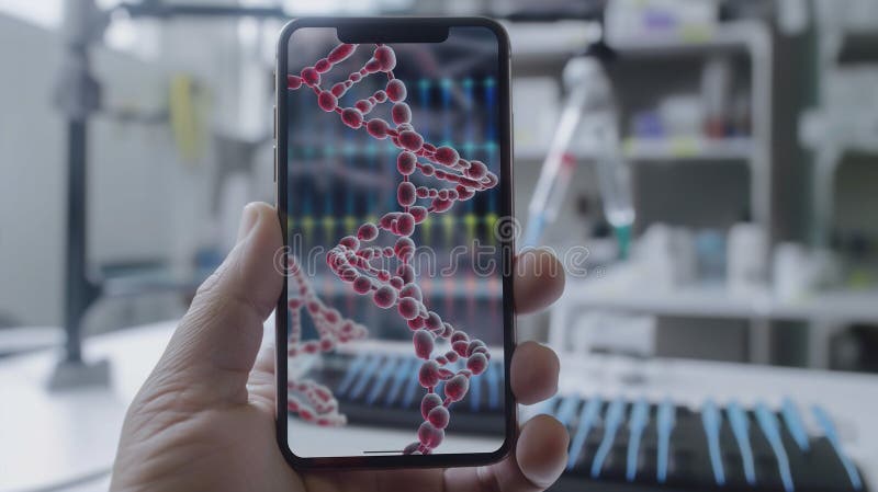 Hand Holding a Smartphone Displaying DNA Structure with a Laboratory ...