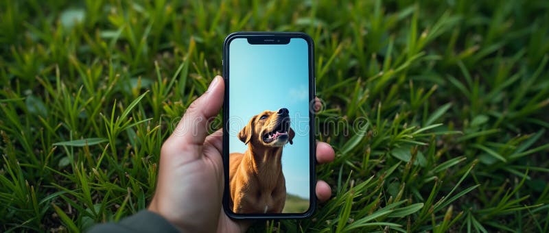 Hand Holding Smartphone Displaying Dog on Screen, Creating Illusion of ...