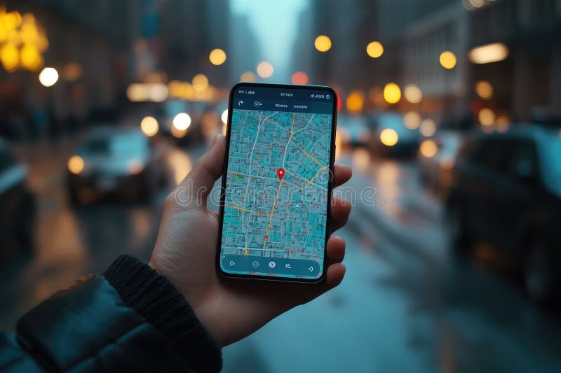 Tourist Using Navigation App on Smartphone in City at Night Stock ...