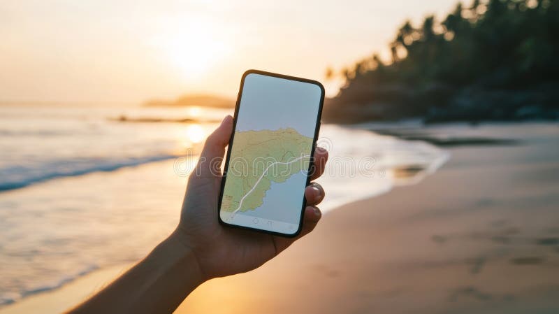 Tourist Using Navigation App on Smartphone at Sunset on Beach Stock ...