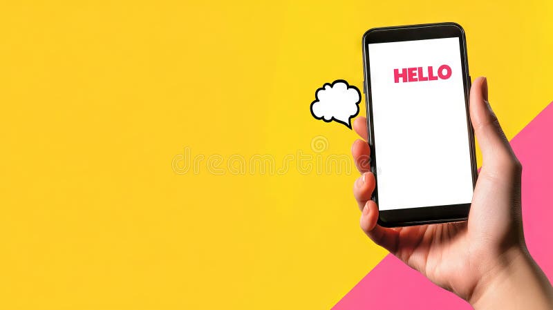 Hand Holding a Smartphone Displaying a Hello Message in a Comic Speech ...