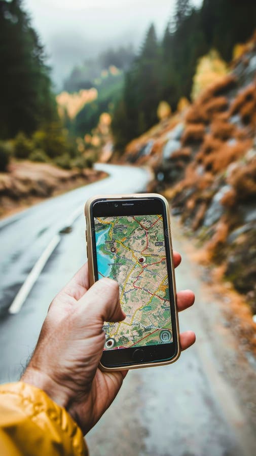 Hand Holding a Smartphone Displaying a Map, Navigating a Mountain Road ...